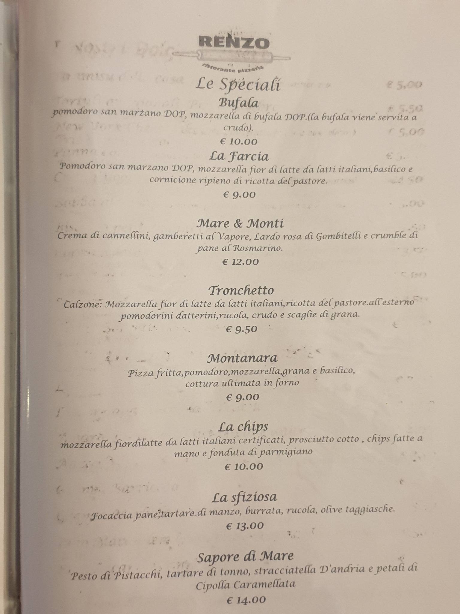 Menu da Bar Da Renzo, Piano di Mommio