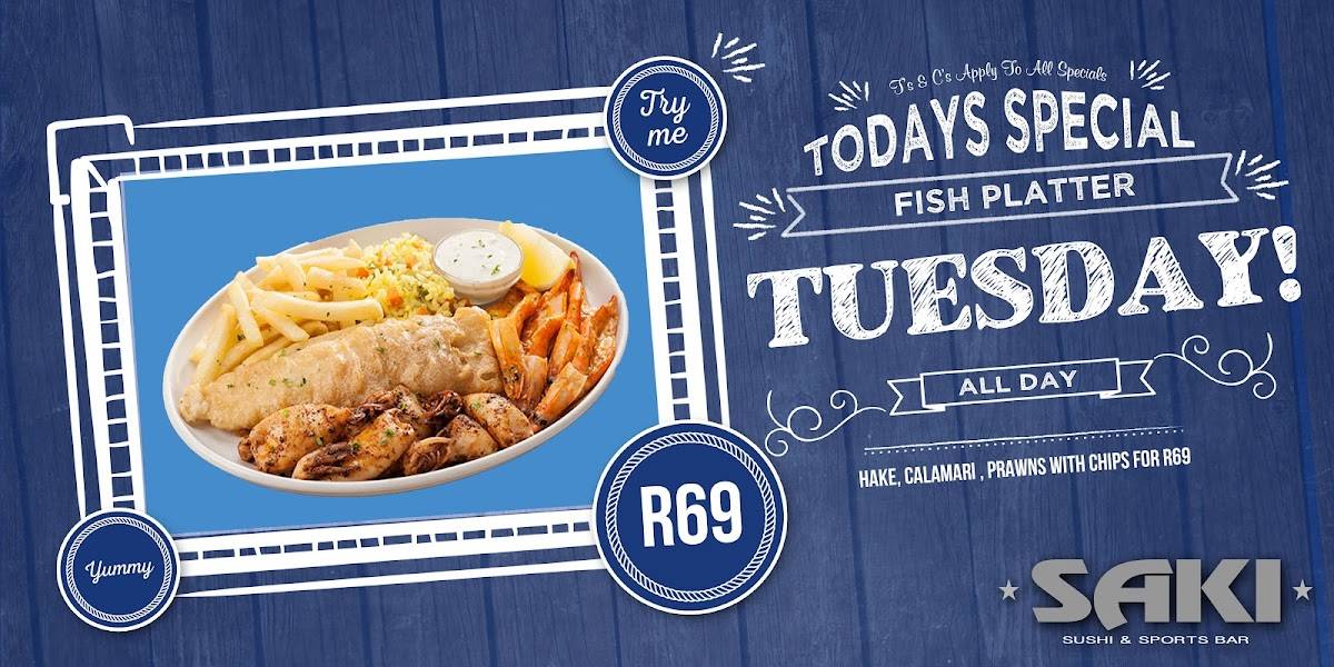 Menu at Saki pub & bar, Pietermaritzburg