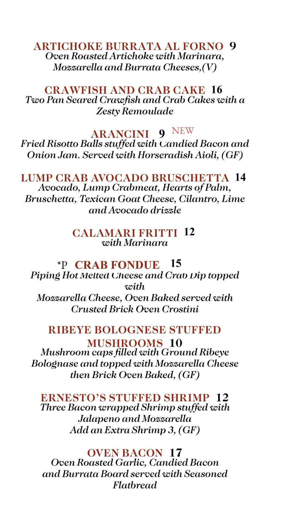 Menu at Pignetti's restaurant, Temple