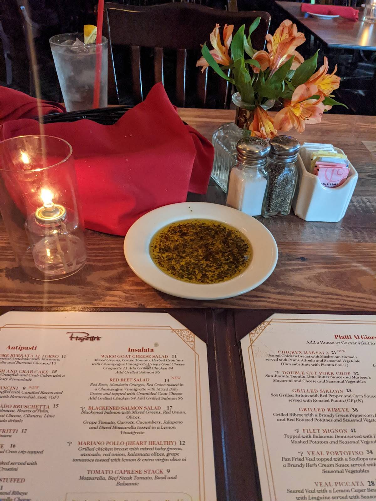 Menu at Pignetti's restaurant, Temple