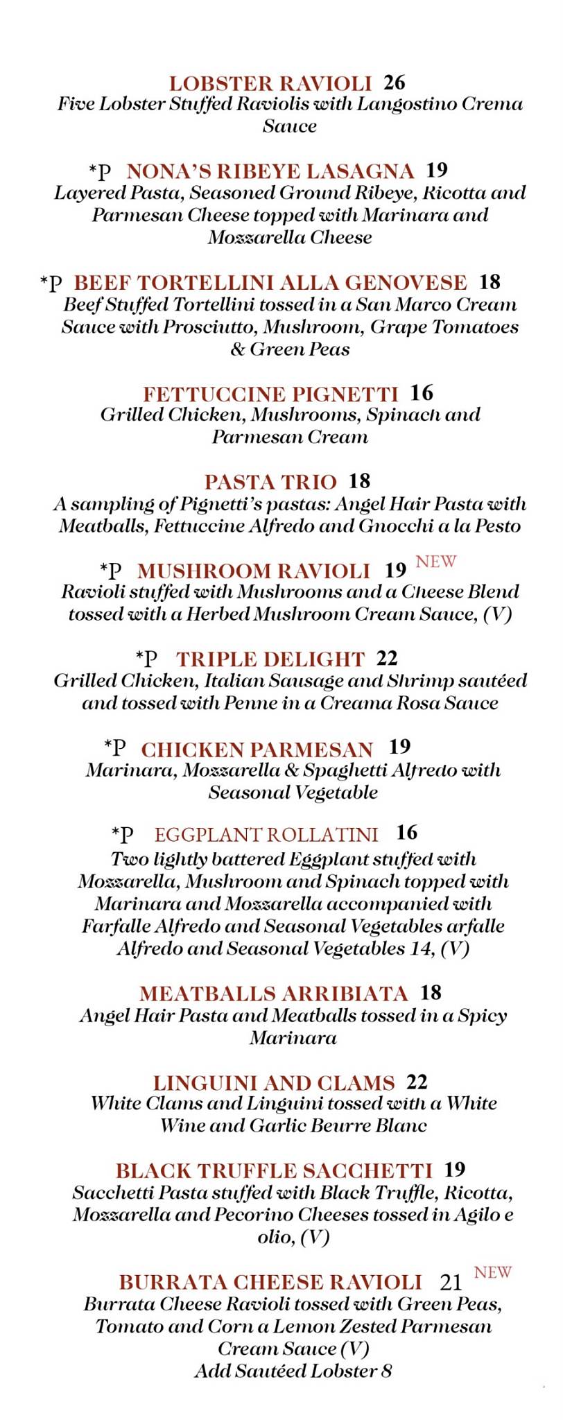 Menu at Pignetti's restaurant, Temple