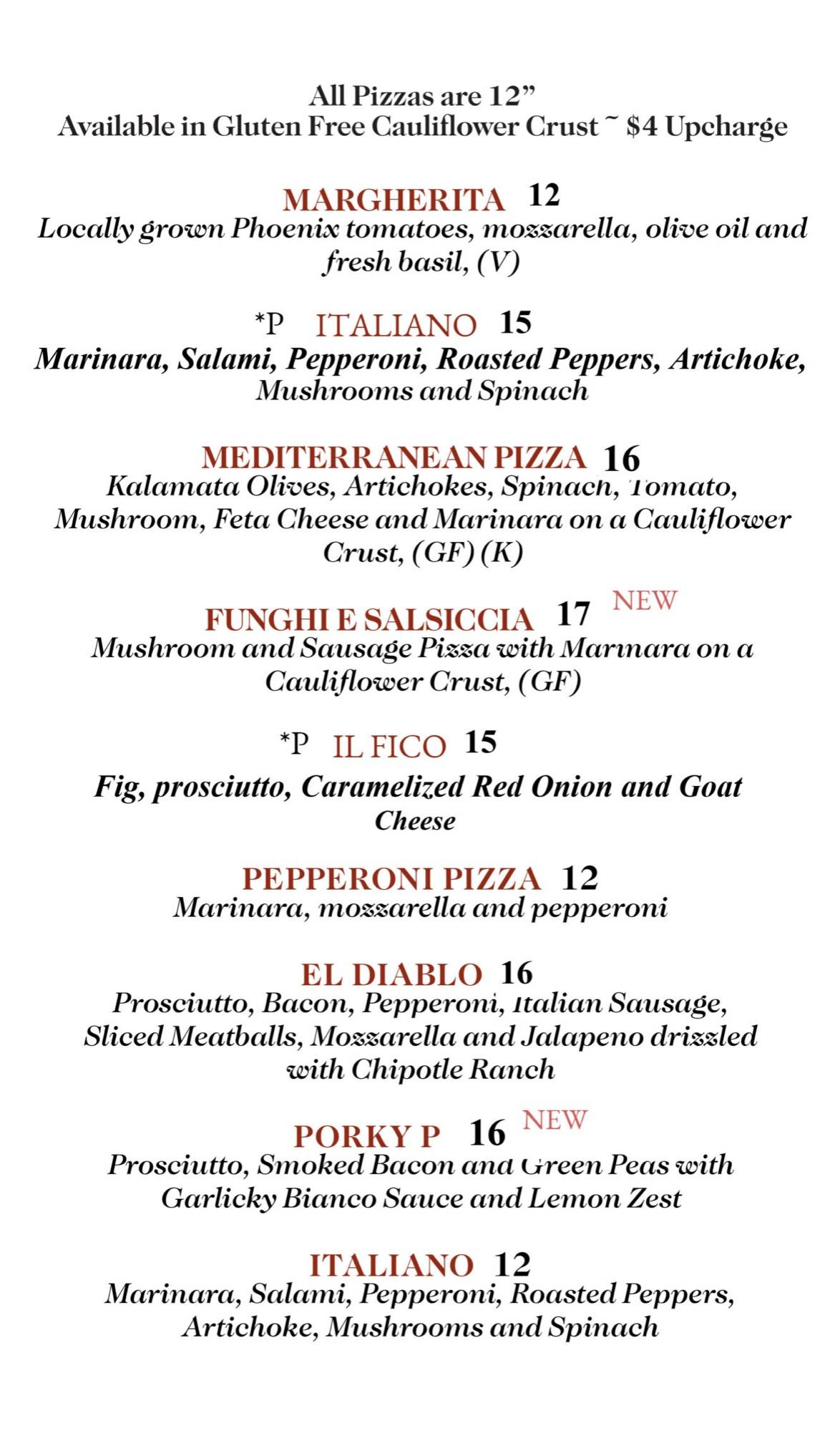 Menu at Pignetti's restaurant, Temple