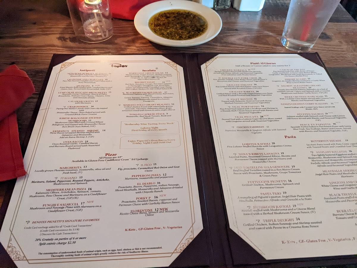 Menu at Pignetti's restaurant, Temple