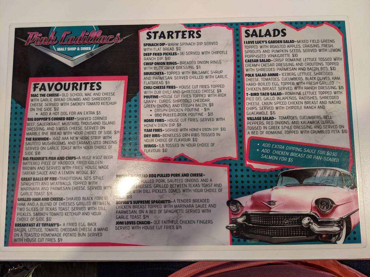 Menu at Pink Cadillac's Malt Shop and Lounge restaurant, Saskatoon