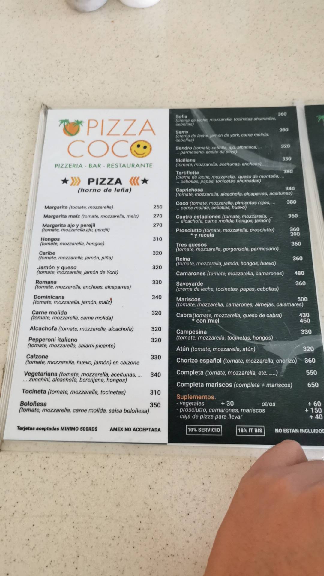 Menu at Pizza Coco restaurant, Las Terrenas