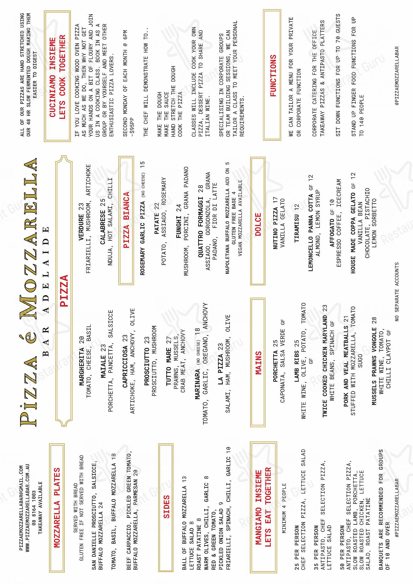 Menu at Pizza e Mozzarella Bar, Adelaide