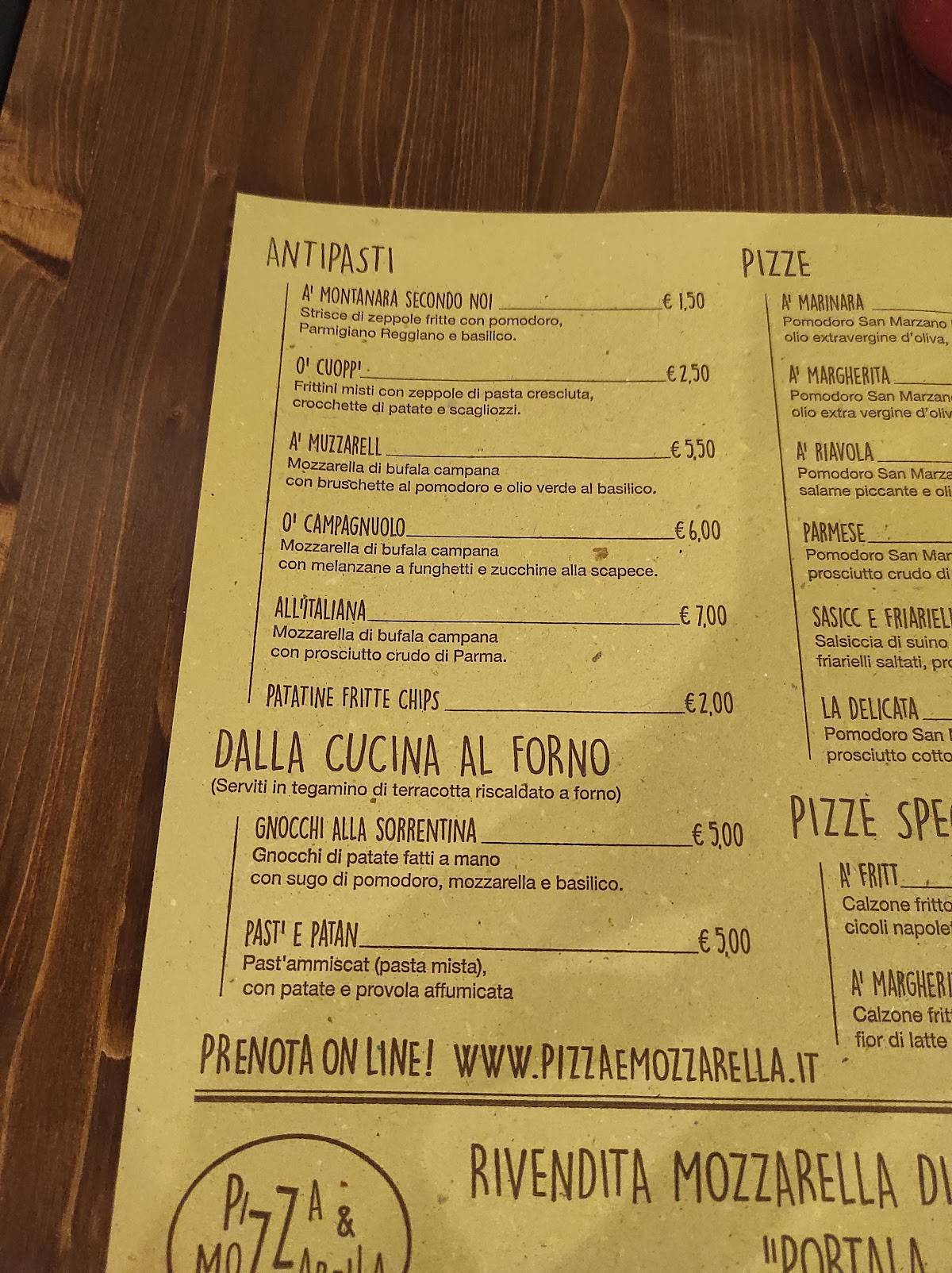 Menu at Pizza e Mozzarella restaurant, Milan