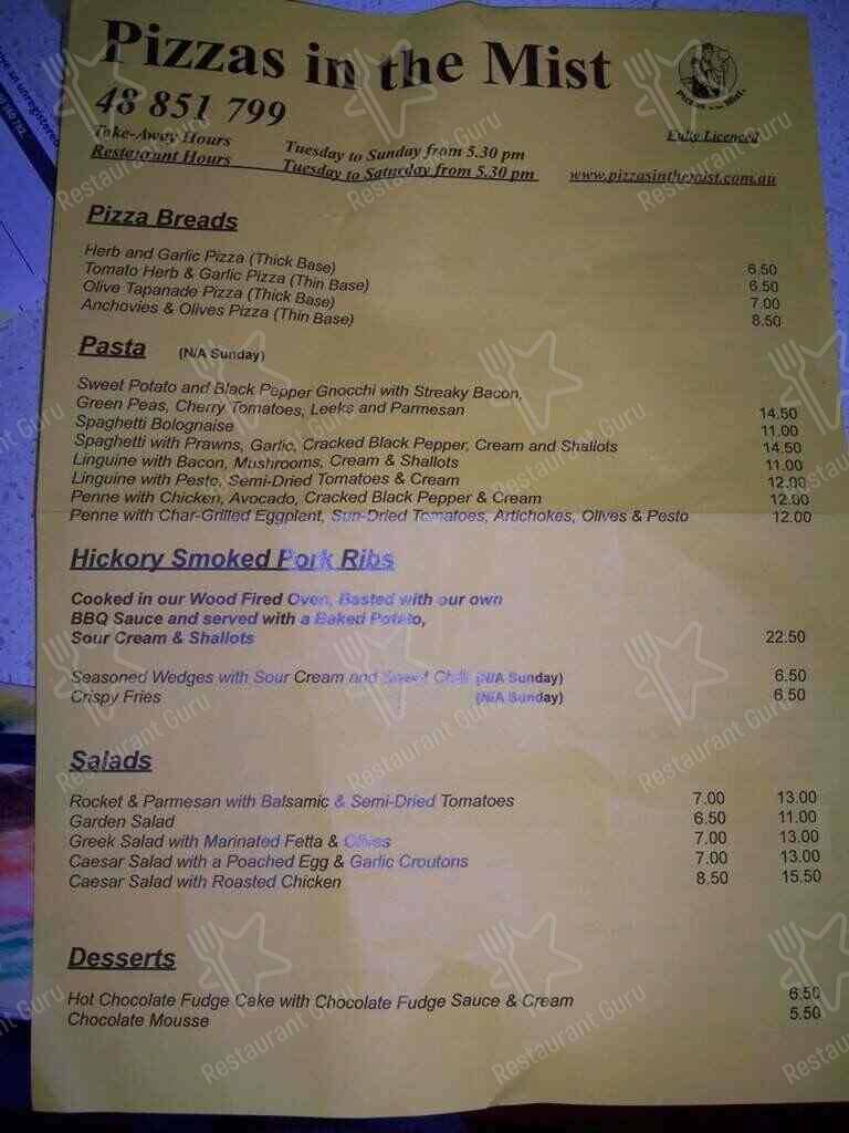 Menu at Pizzas in the Mist pizzeria, Robertson