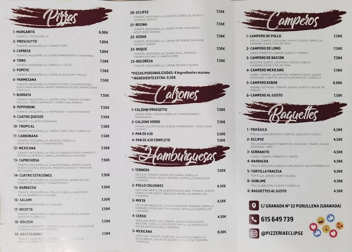 Carta de Pizzería Eclipse, Purullena