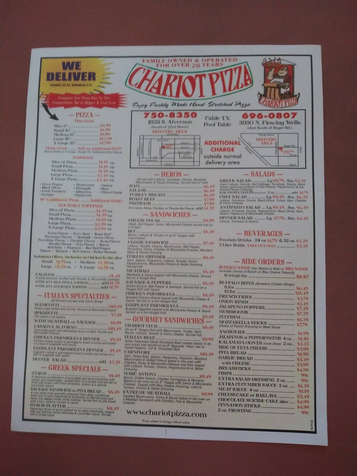 Menu at Chariot Pizza pizzeria, Tucson, N Flowing Wells Rd
