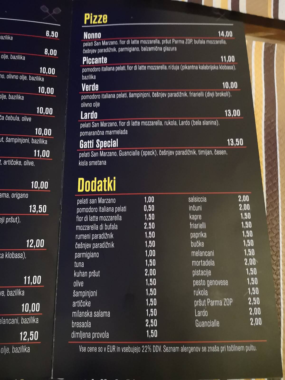 Menu da Pizzeria Dal Nonno, Celje