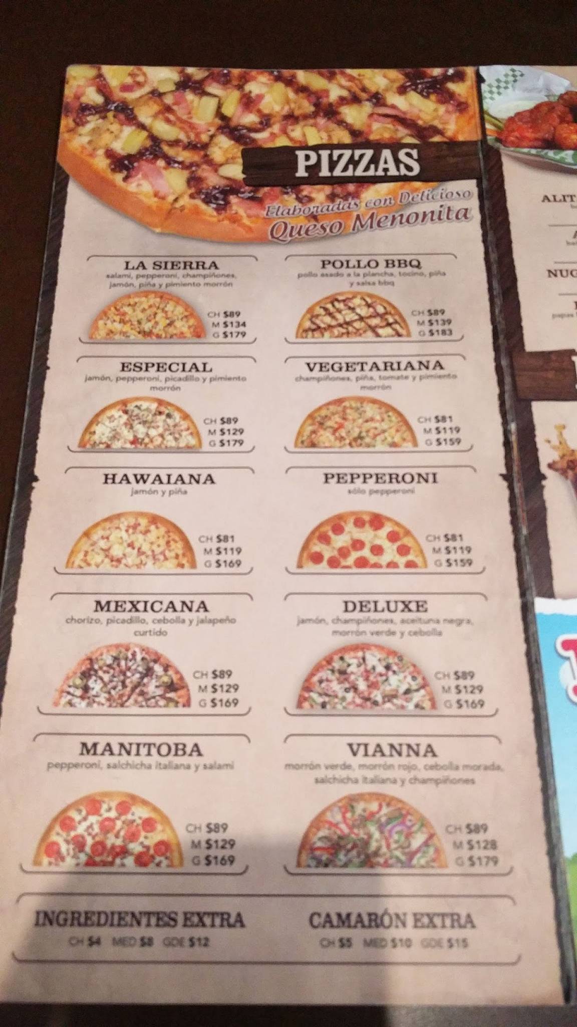 Carta de Pizzería La Sierra, Torreón, Blvd. Independencia #20 Nte