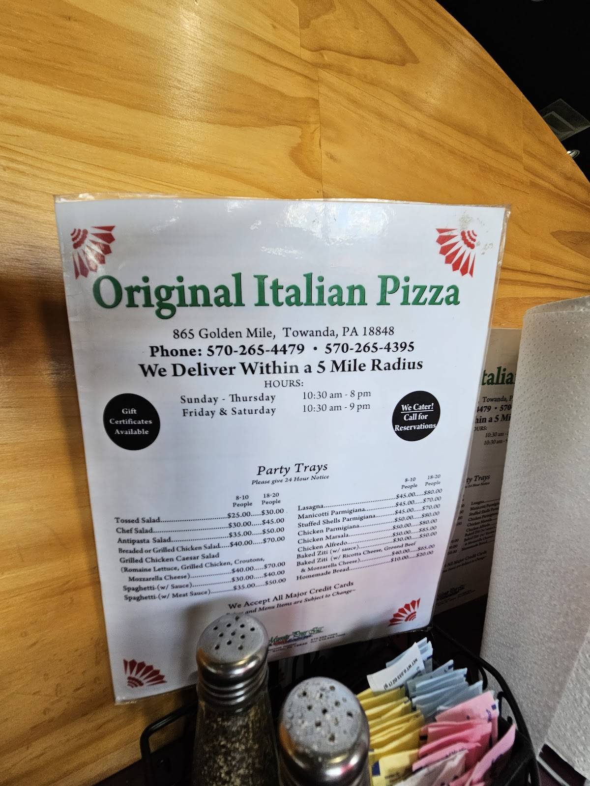 Menu at Original Italian Pizza pizzeria, Towanda