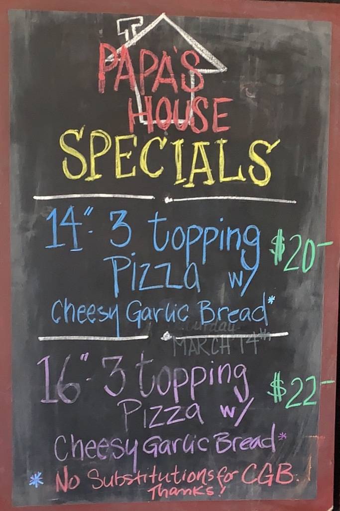 Menu at Papa’s House pizzeria, Tehachapi