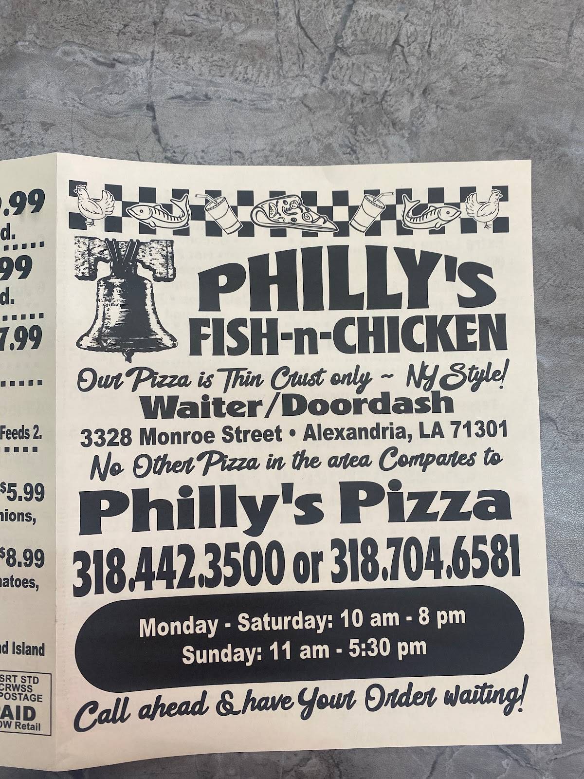 Menu at Philly’s Fish N Chicken pizzeria, Alexandria