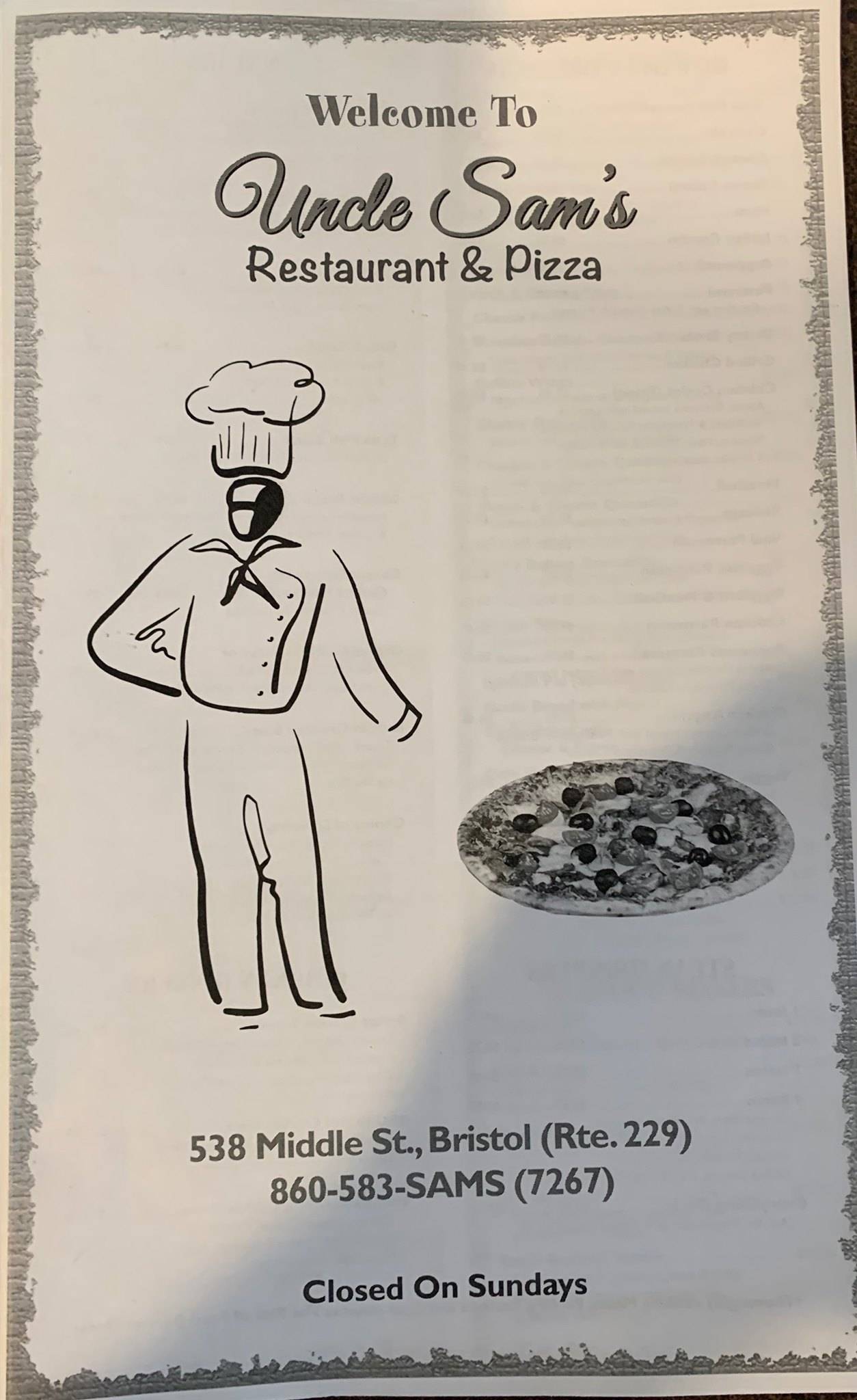 Menu at Uncle Sam's Restaurant, Bristol