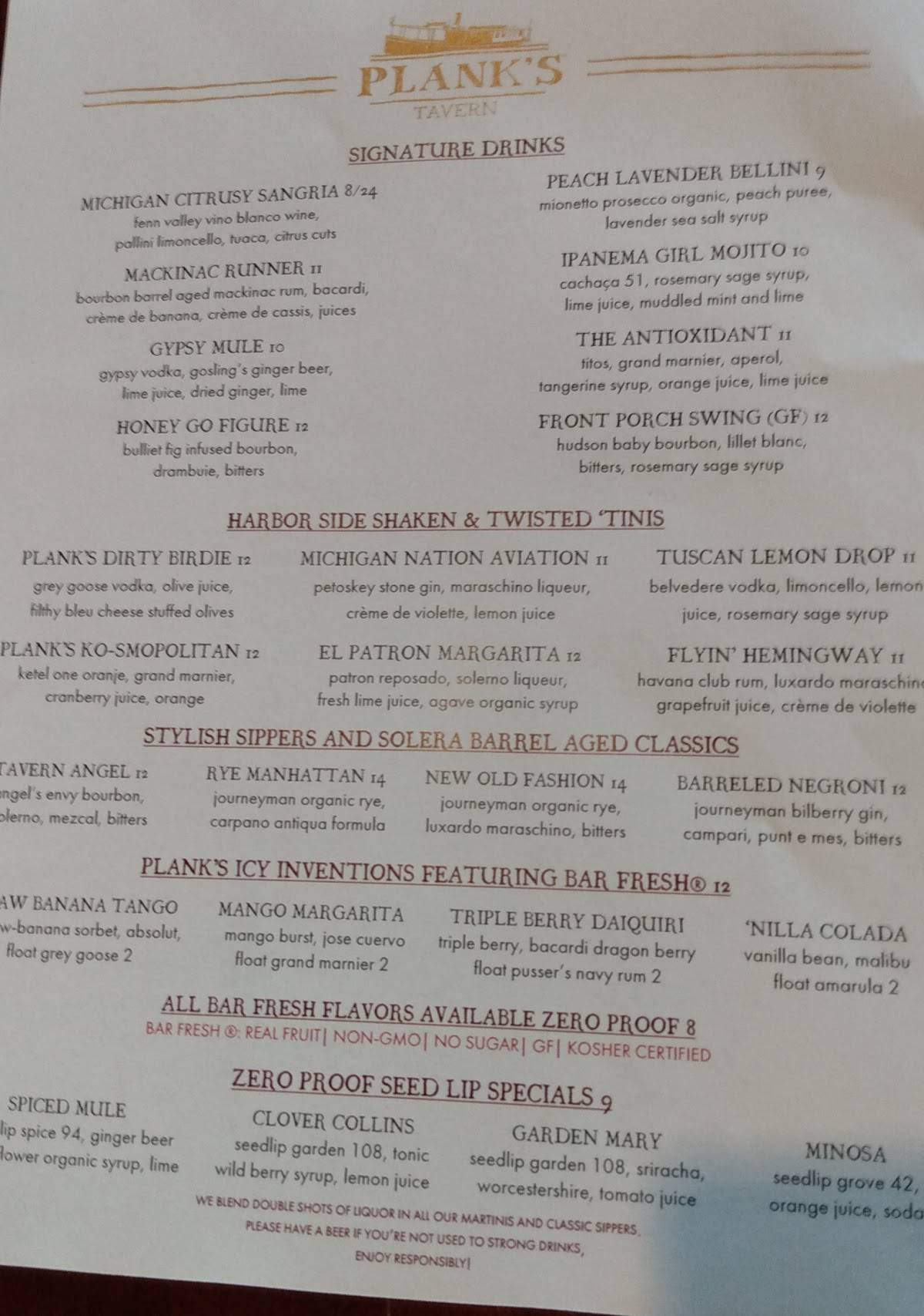 Menu at Plank's Tavern on the Water pub & bar, Saint Joseph
