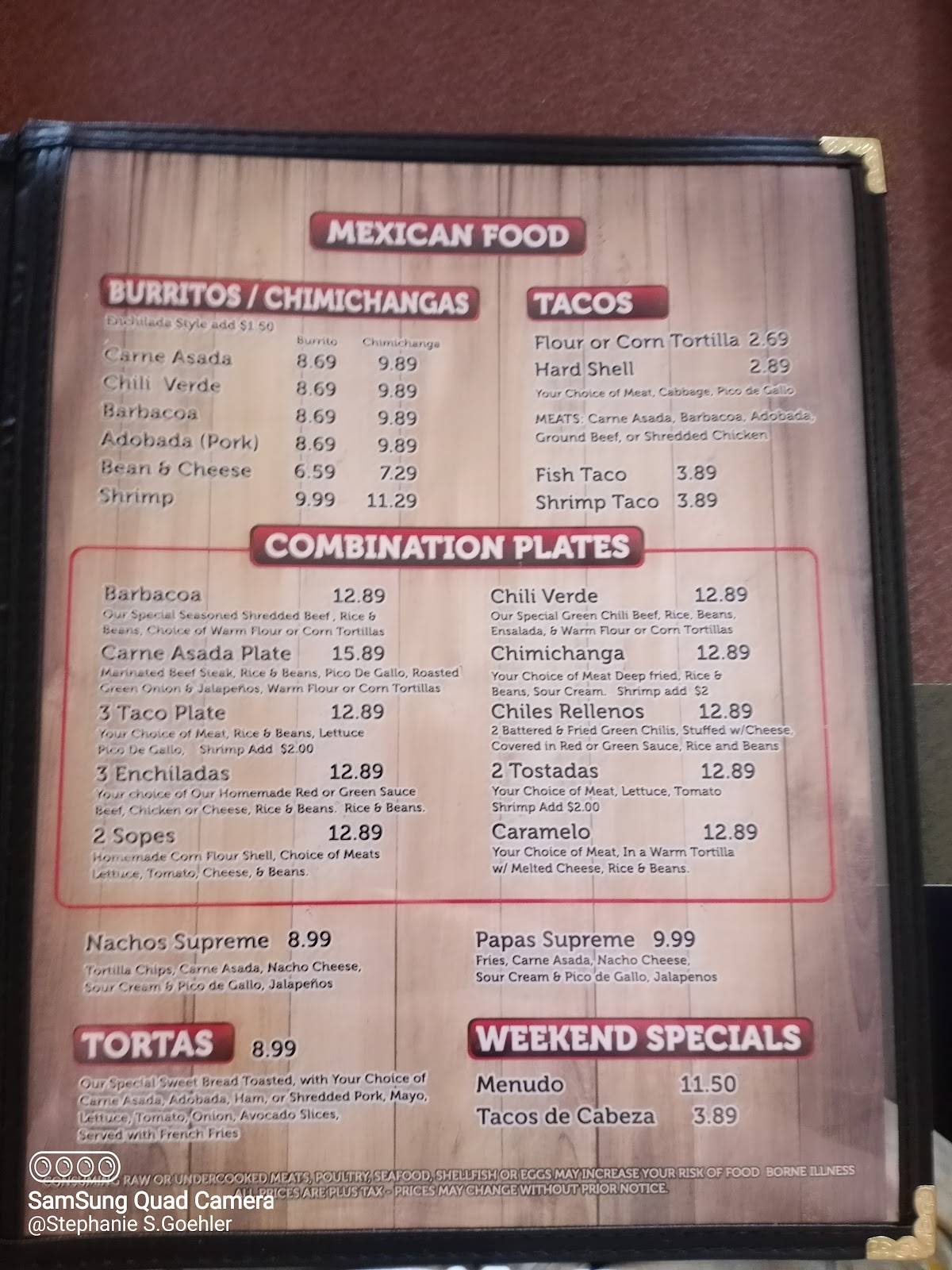 Menu at Plaza Mexican American Food restaurant, Willcox