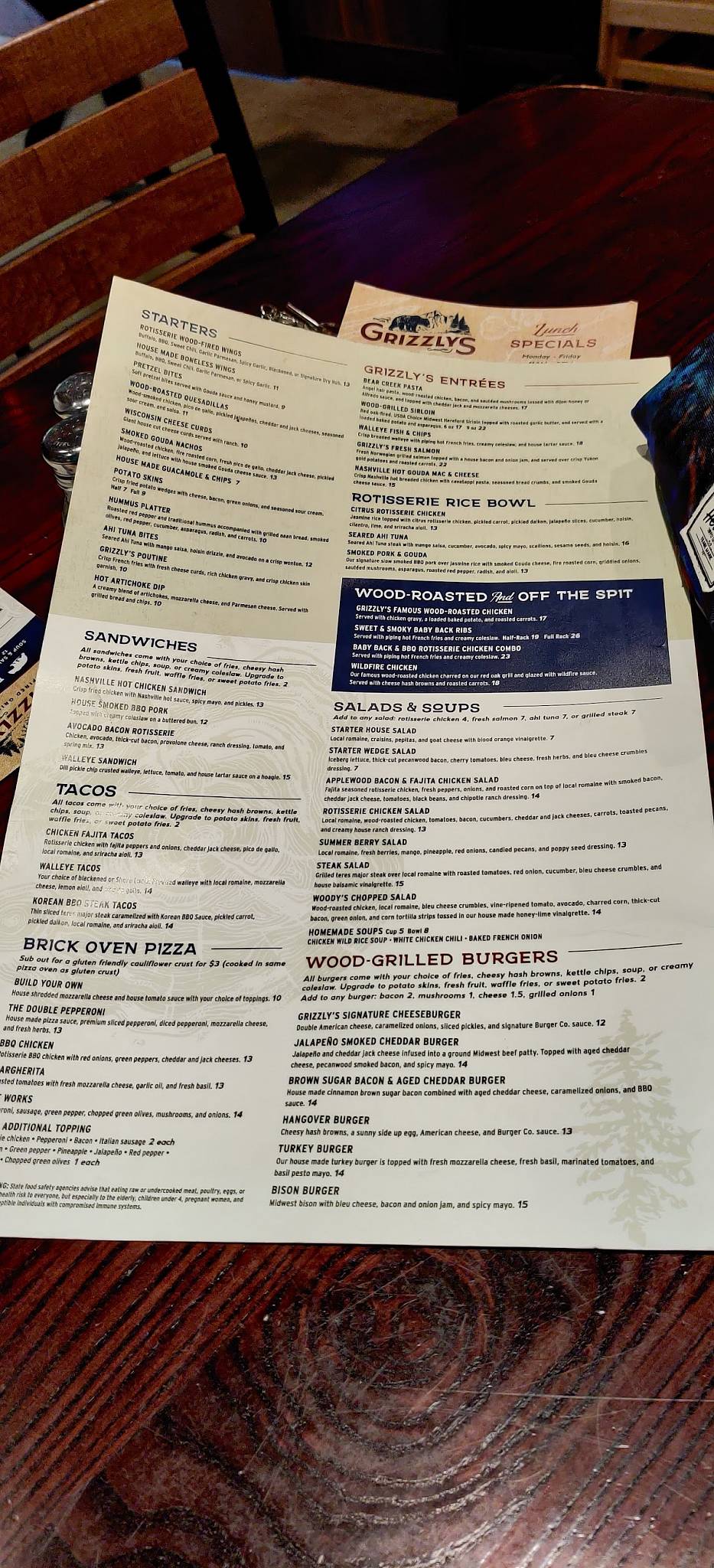 Menu at Grizzly's Wood-Fired Grill restaurant, Plymouth
