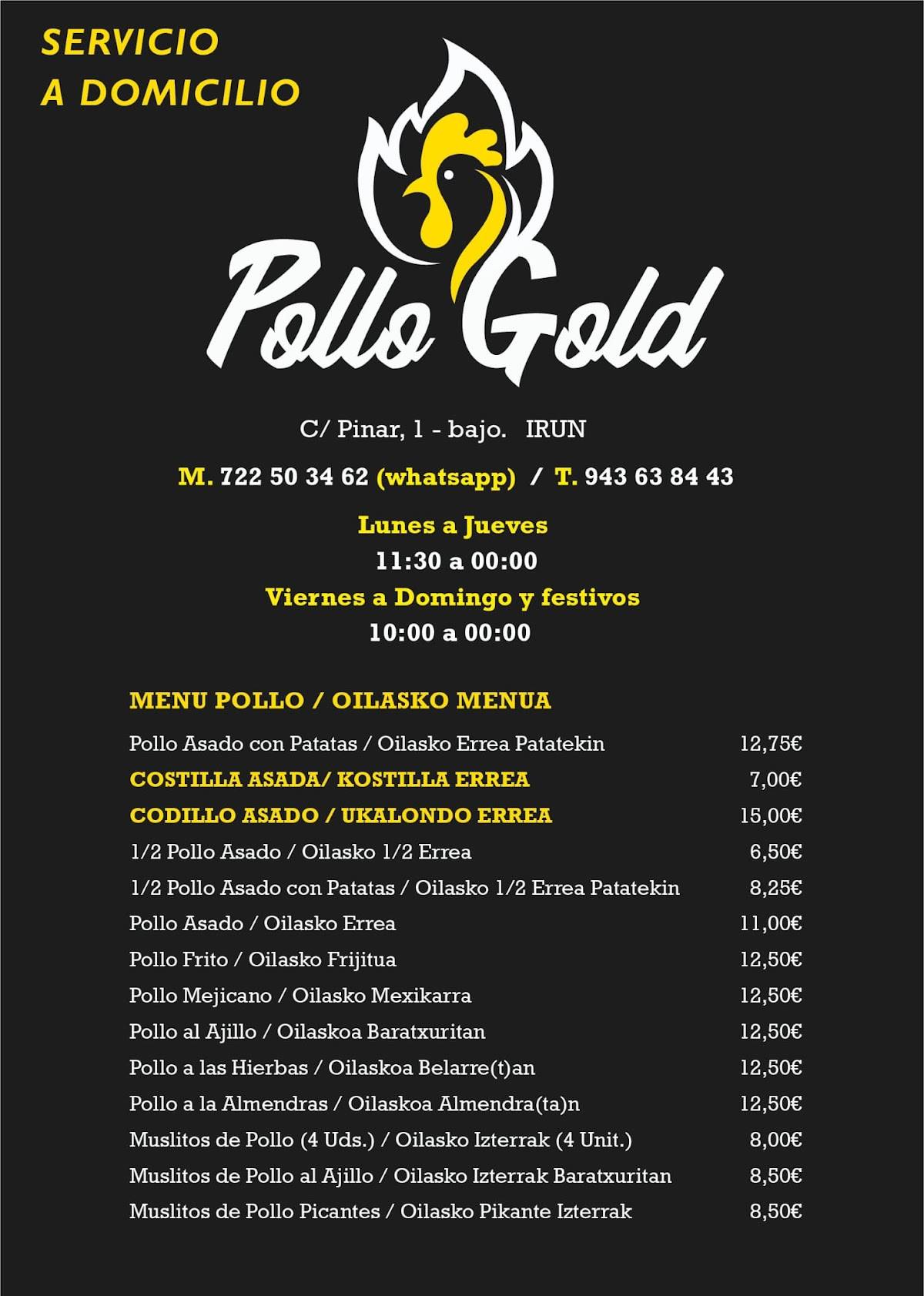 Carta del restaurante Pollo Gold, Irun