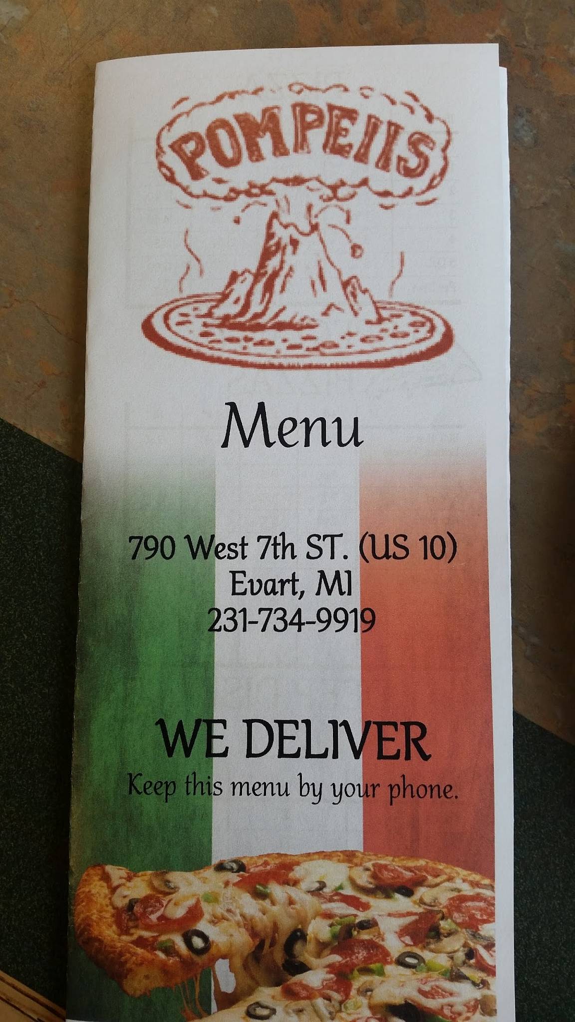 Menu at Pompeii's Pizza pizzeria, Evart