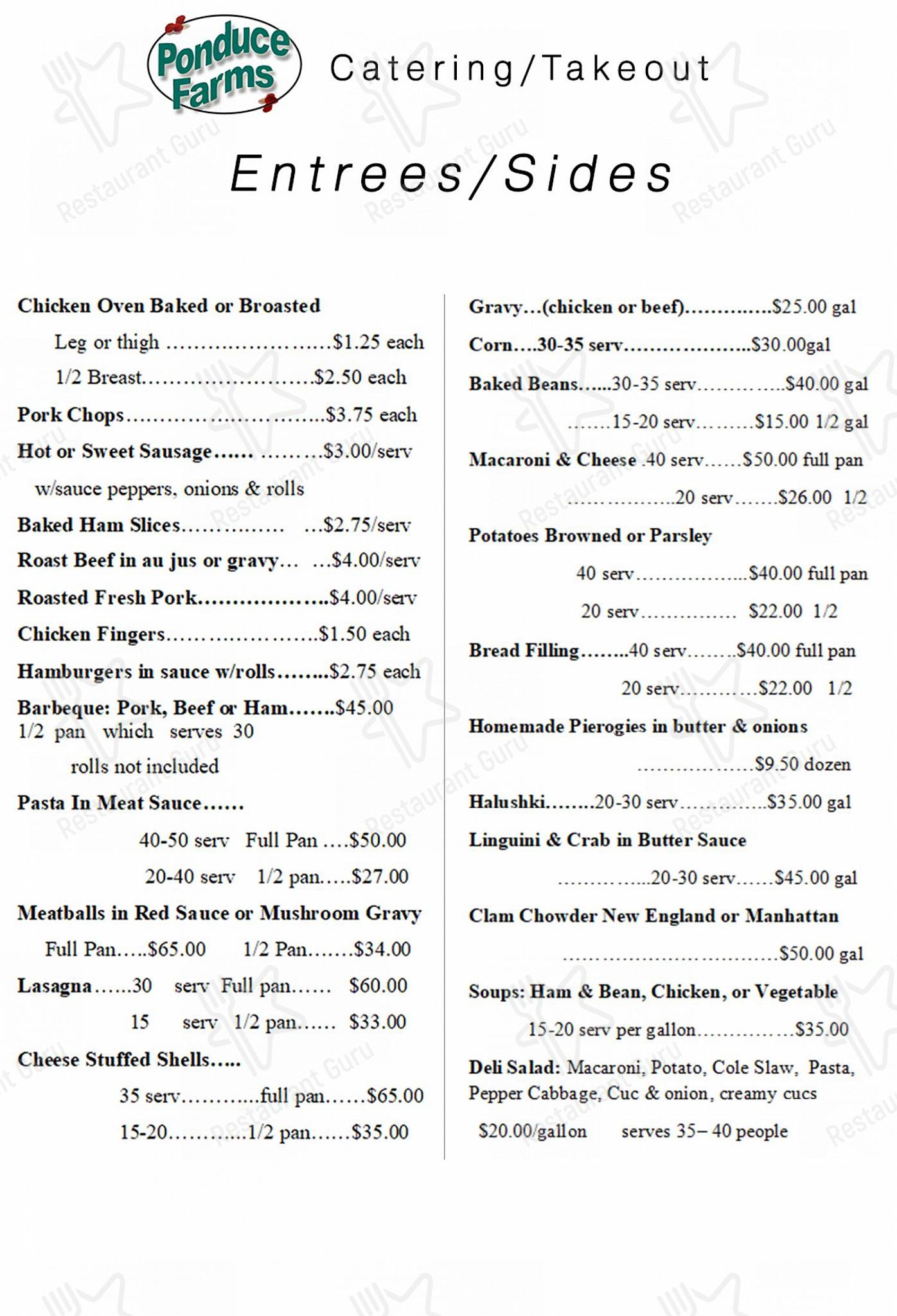 Menu at Ponduce Farms restaurant, Numidia
