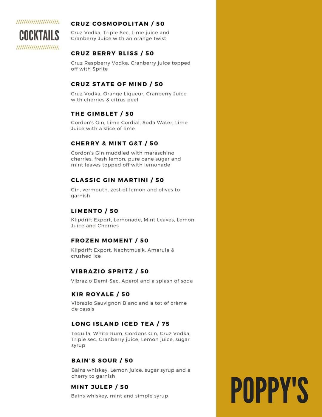 Menu at Poppy's Restaurant, Randburg, Corner Beyers Naude Drive and