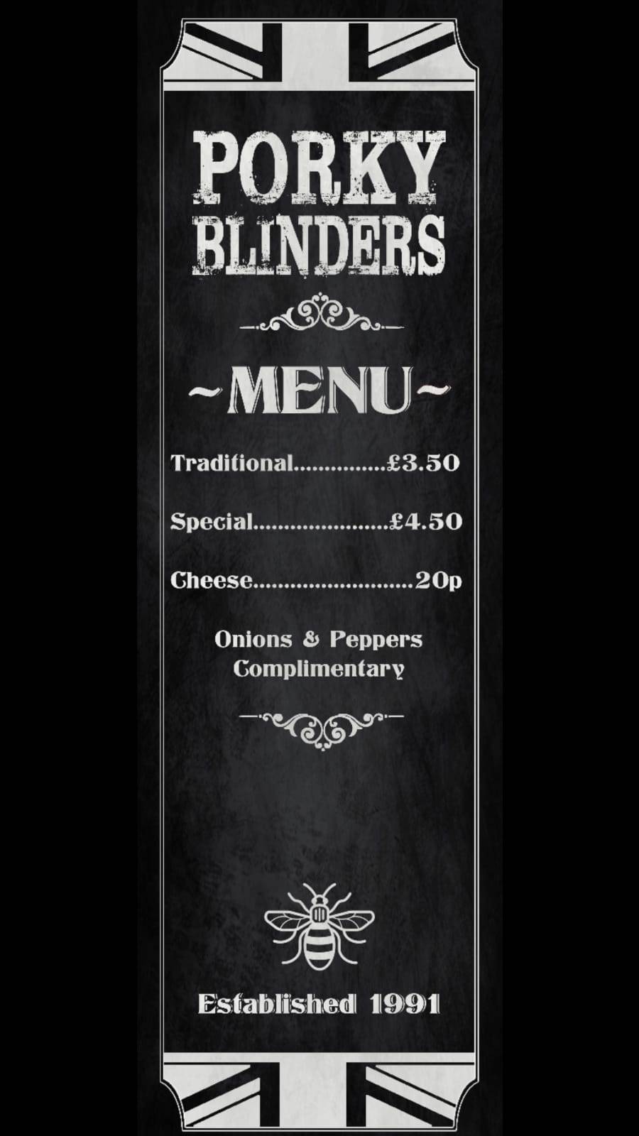 Menu at Porky Blinders fast food, Manchester