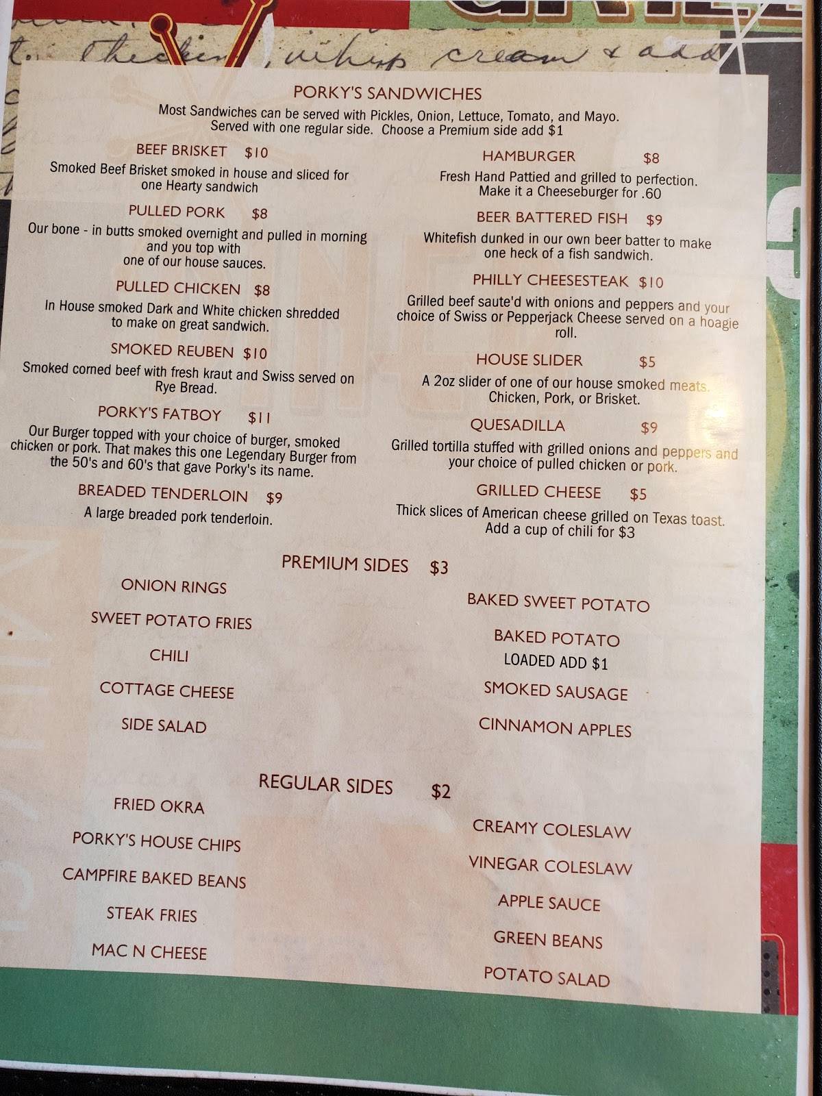 Menu at Porkys BBQ of Paoli, Paoli