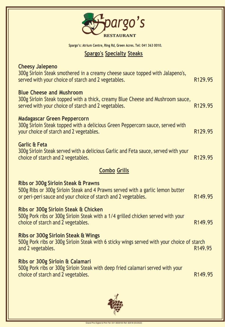 Menu at Spargo's restaurant, Port Elizabeth, Ring Rd