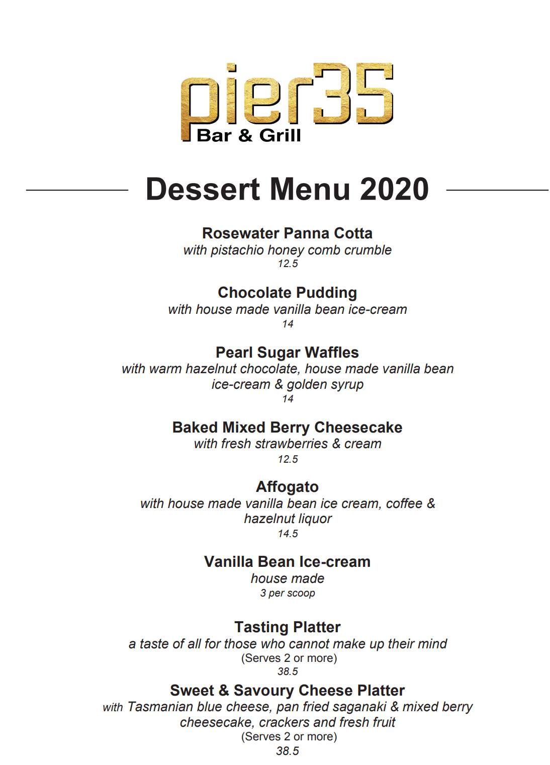 Menu at Pier 35 Bar & Grill, Port Melbourne