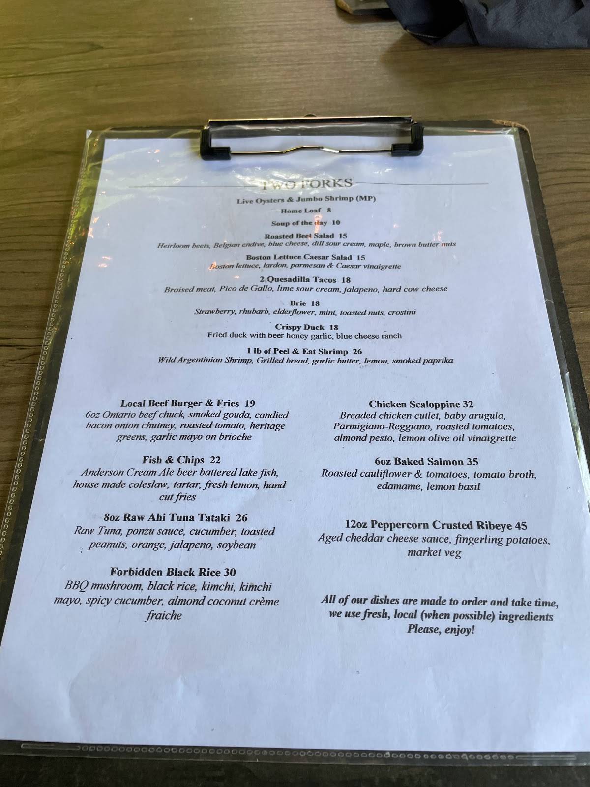 Menu at Two Forks pub & bar, Port Stanley