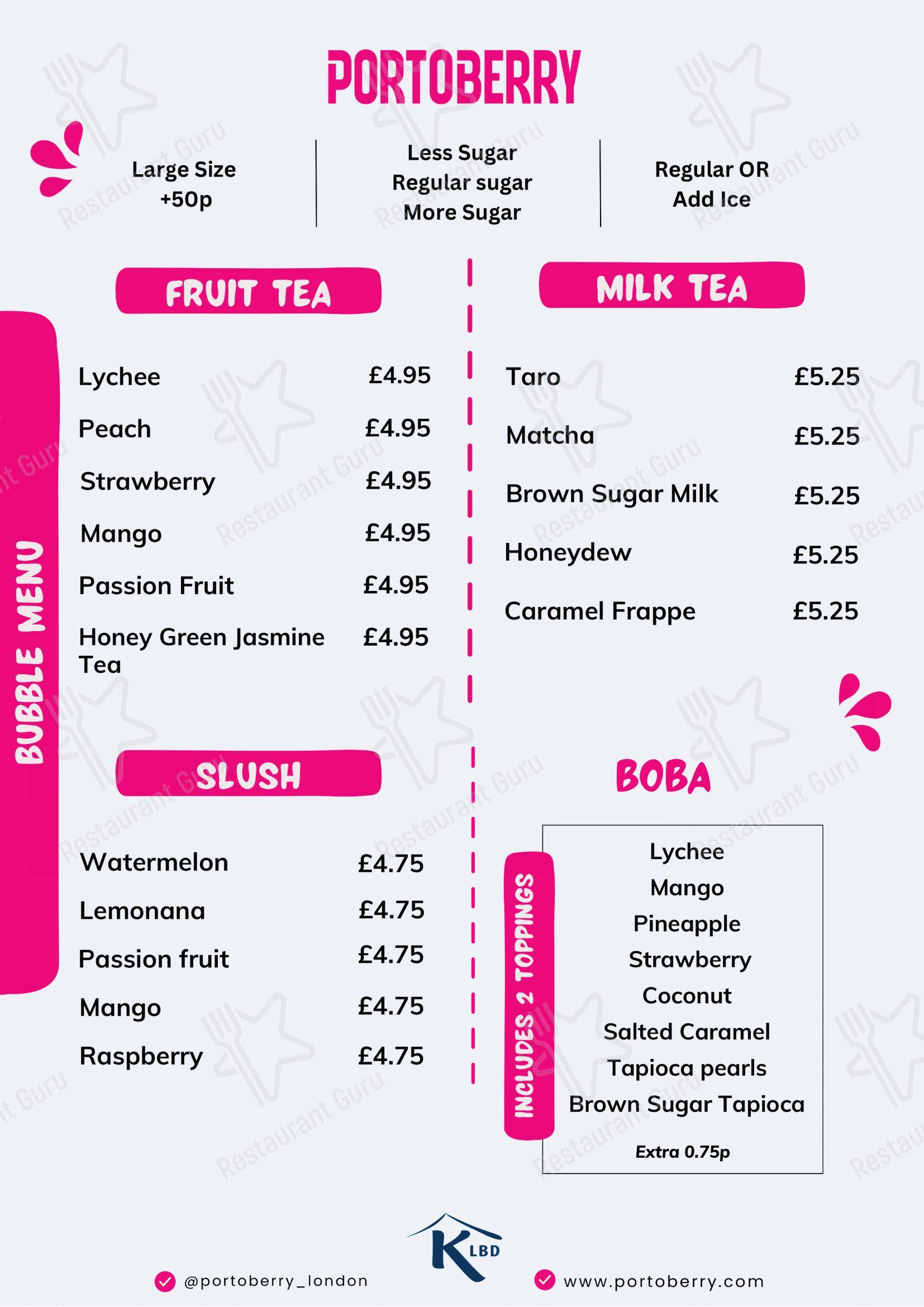 Menu at Portoberry restaurant, London