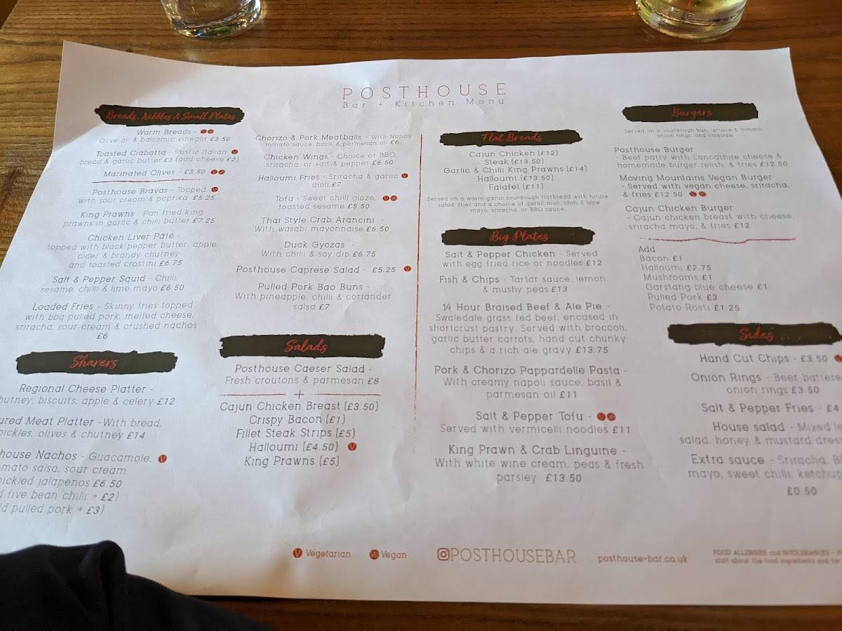 Menu at Posthouse restaurant, Wigan