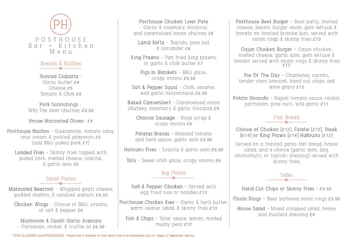 Menu at Posthouse restaurant, Wigan