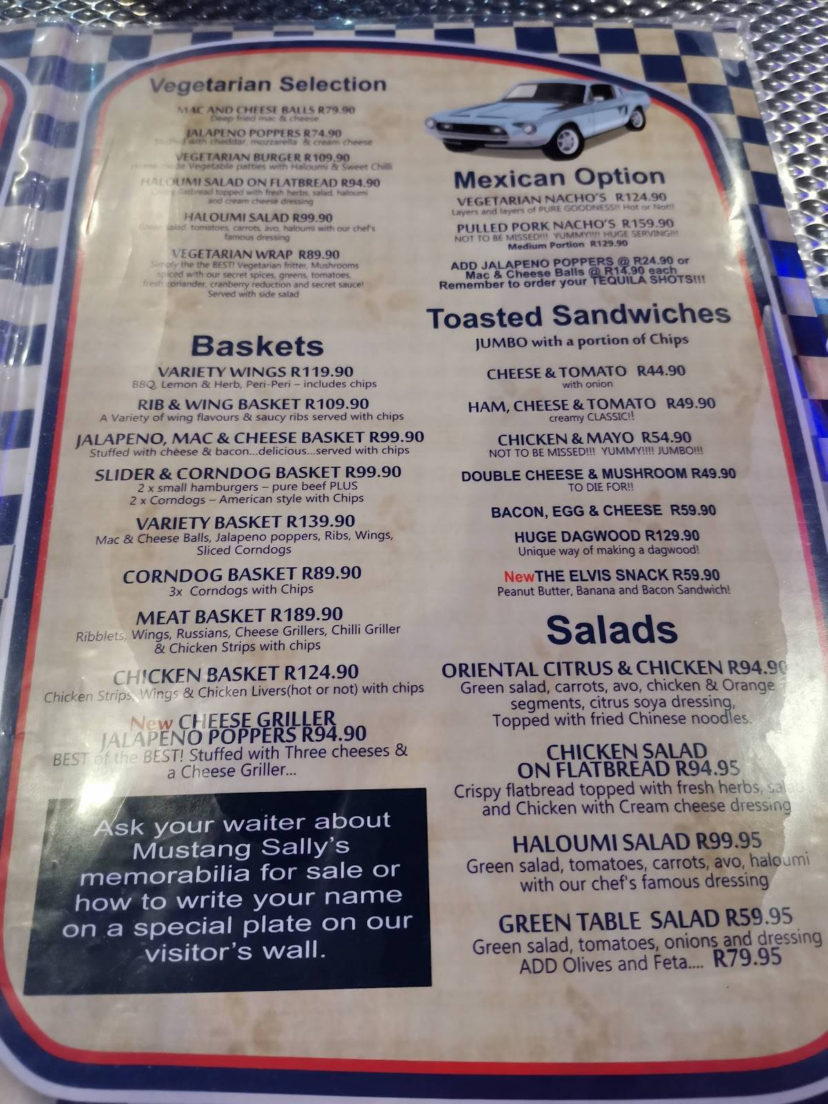 Menu at Mustang Sally's Pub & Diner, Pretoria, Pretorius St