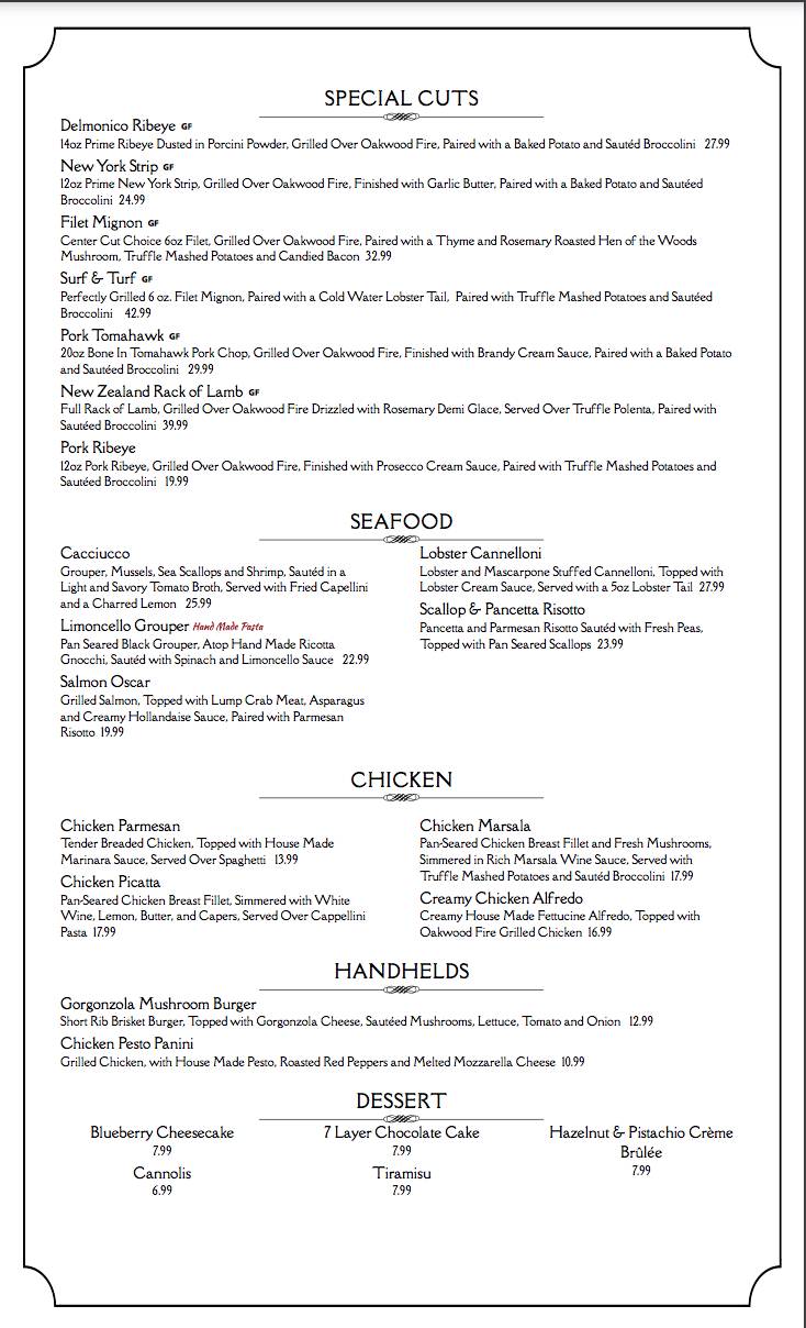 Menu at Prima Italian Steakhouse, The Villages