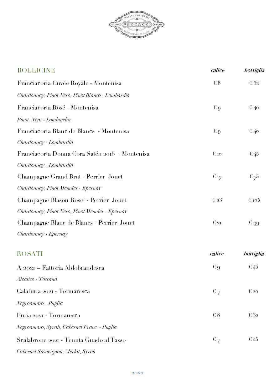 Menu at Procacci pub & bar, Florence