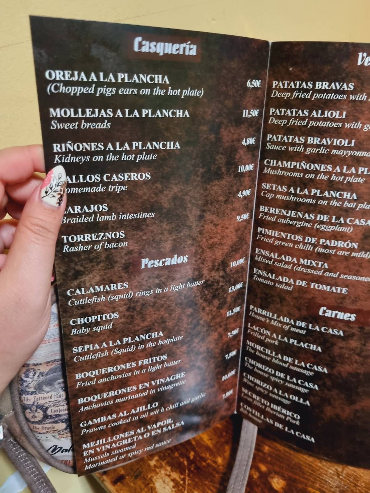 Carta del pub y bar Casa Toni, Madrid