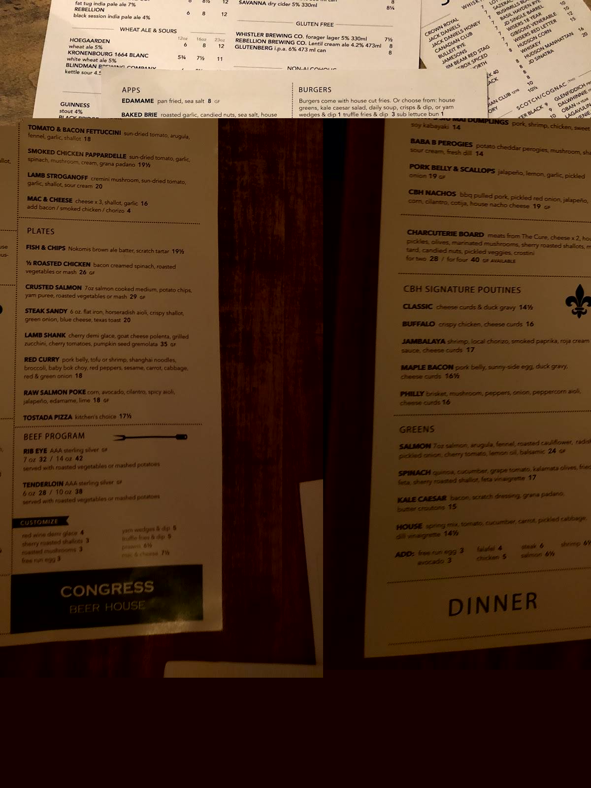 Menu at Congress Beer House pub & bar, Saskatoon