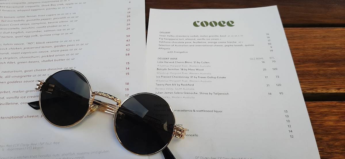 Menu at Cooee restaurant, Perth