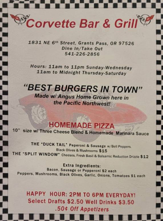 Menu at Corvette Bar & Grill, Grants Pass