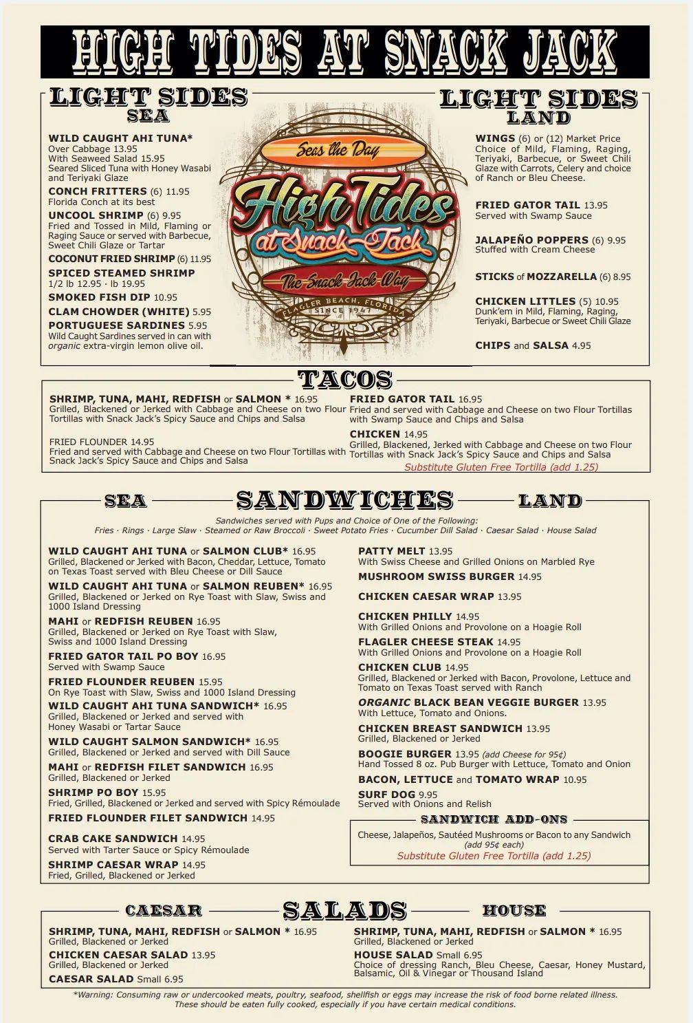 Menu at High Tides At Snack Jack pub & bar, Flagler Beach