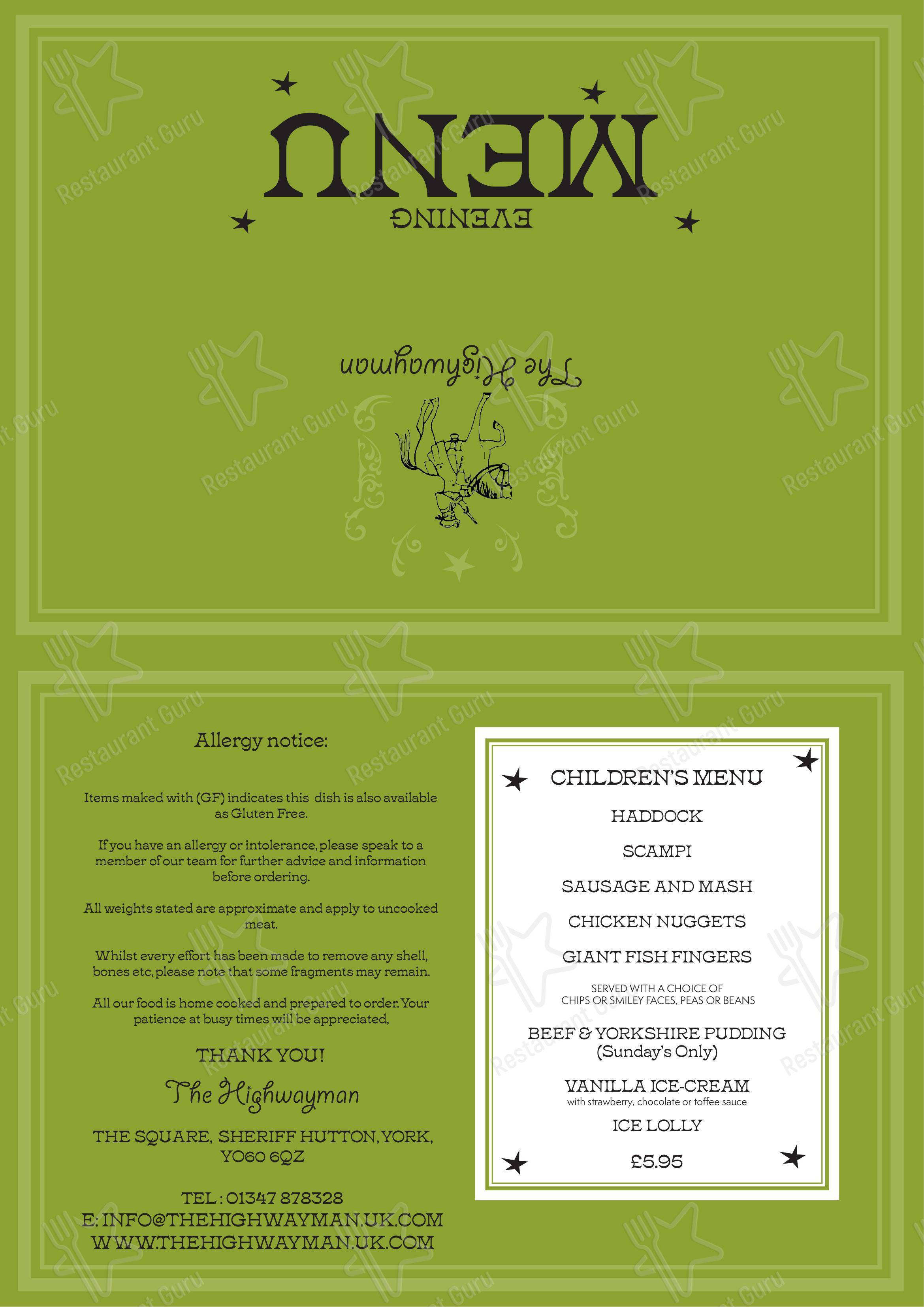 Menu at Highwayman Inn pub & bar, Sheriff Hutton, The Square
