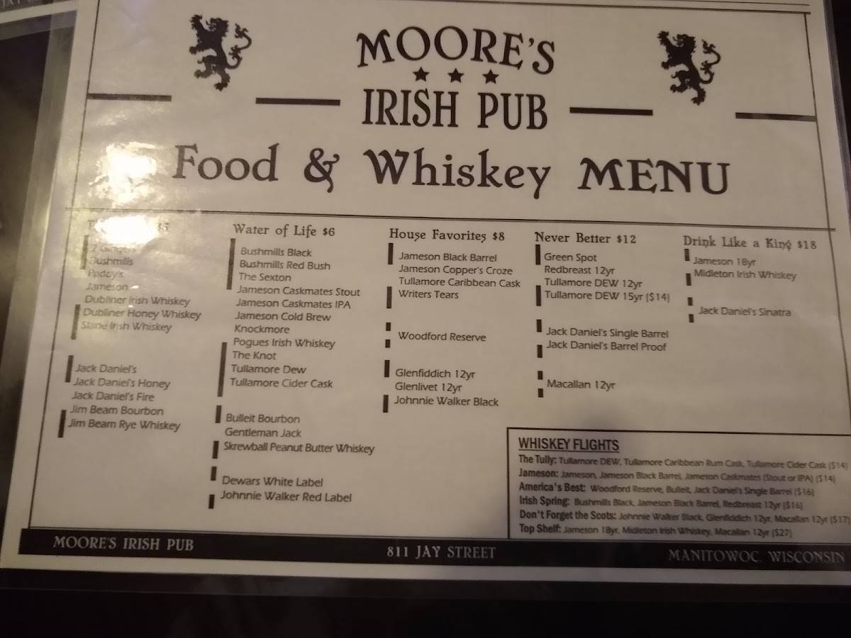 Menu at Moore's Irish Pub, Manitowoc