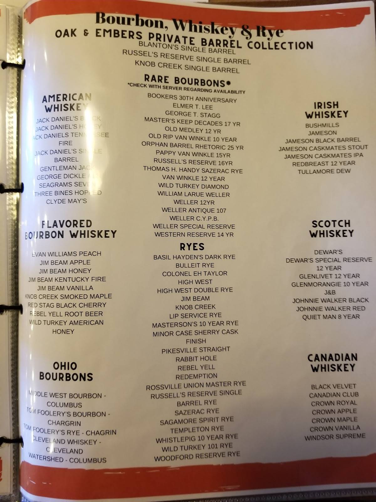 Menu at Oak and Embers Tavern Hudson pub & bar, Hudson