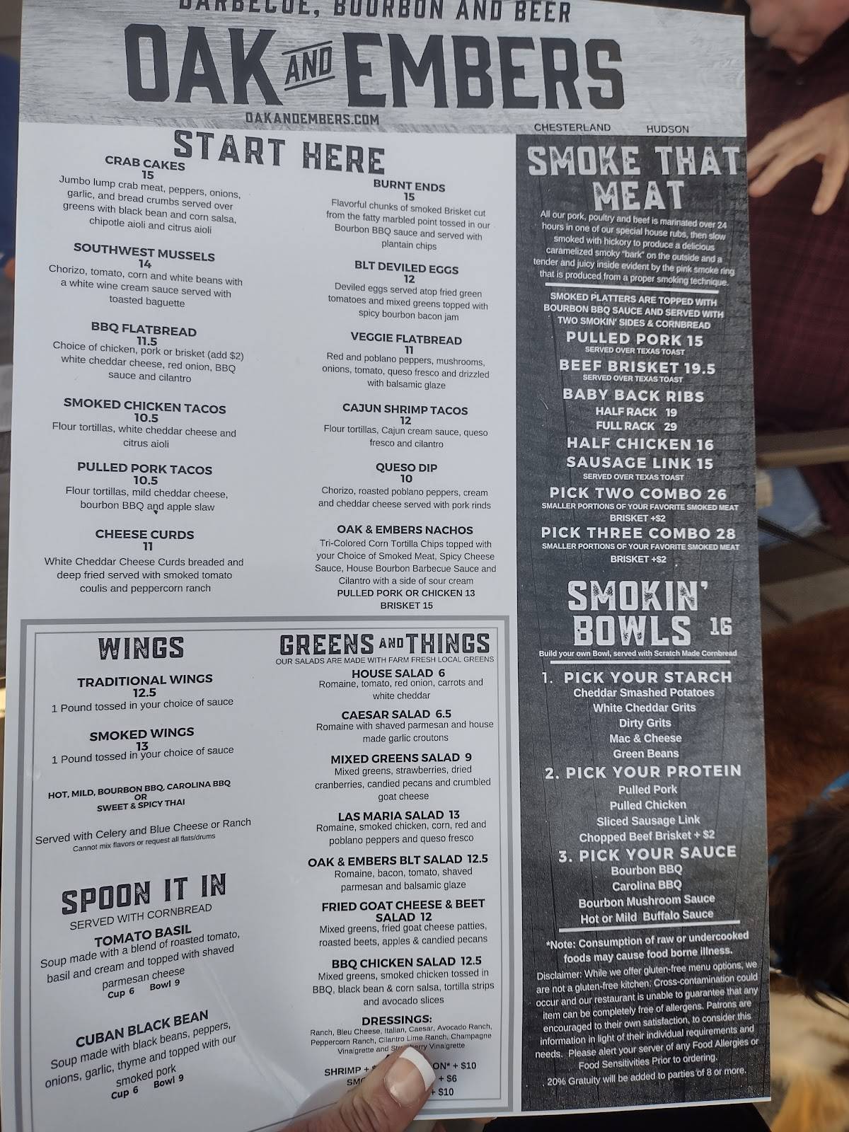 Menu at Oak and Embers Tavern Hudson pub & bar, Hudson