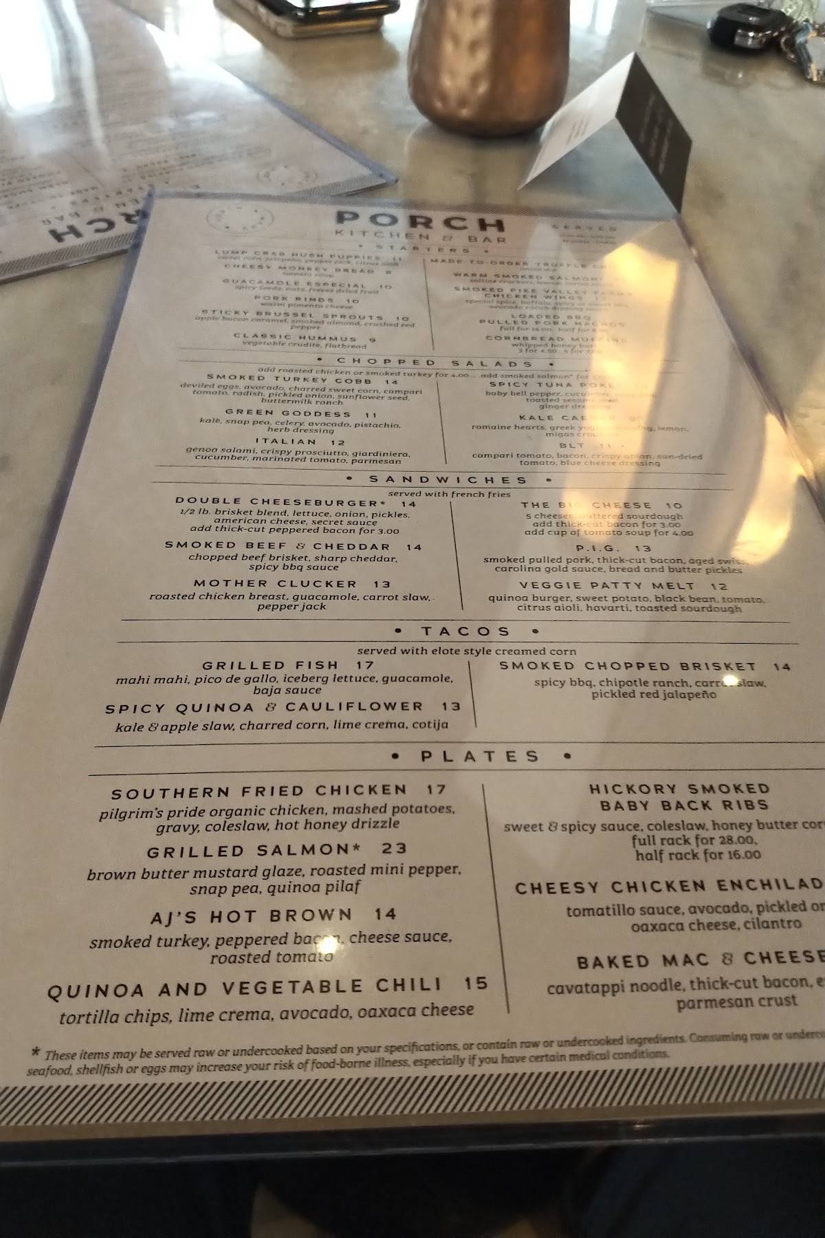 Menu at Porch Kitchen & Bar, Louisville