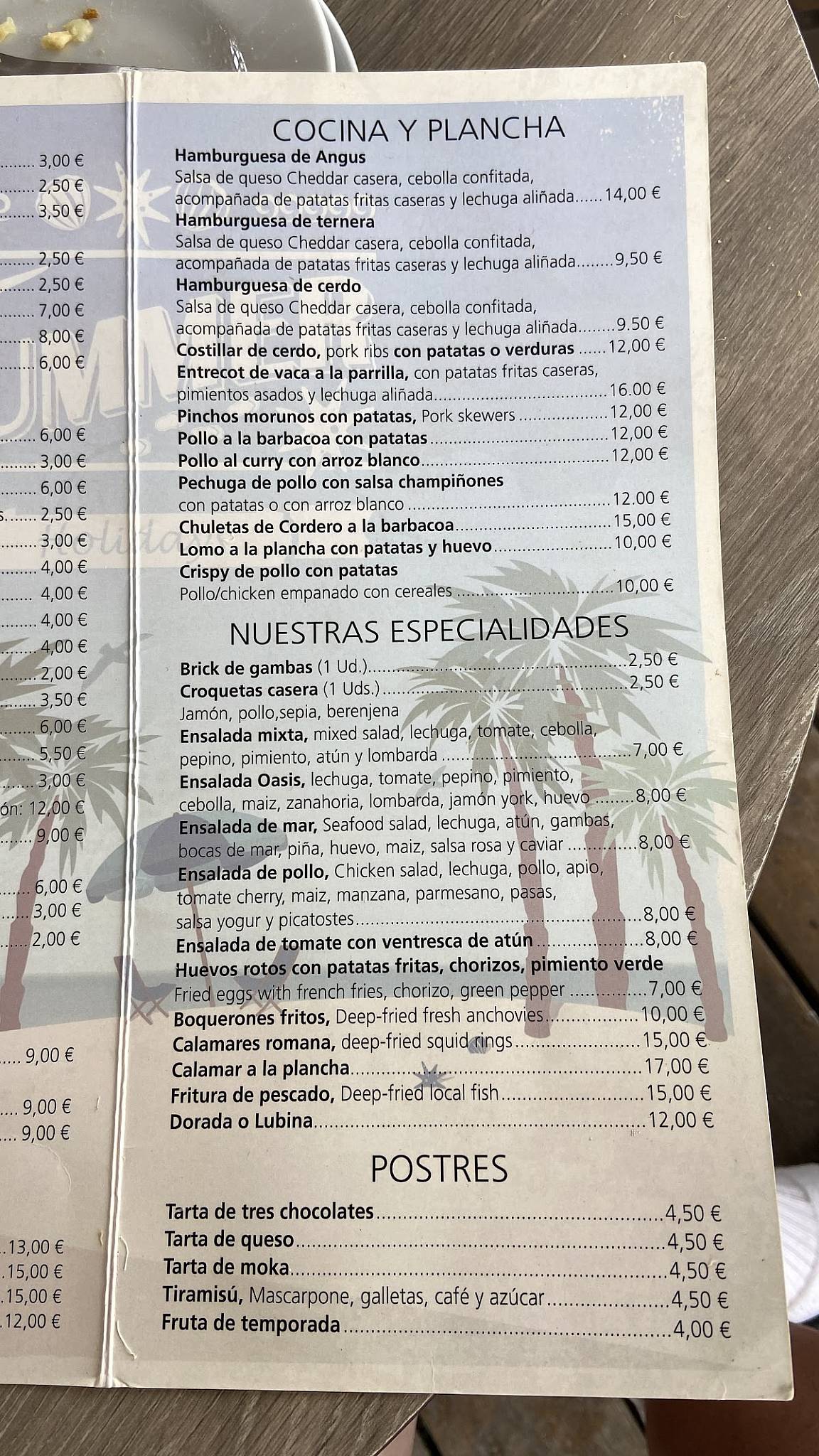 Menu at RESTAURANTE/BAR OASIS DE LAS PALMERAS, Bolnuevo