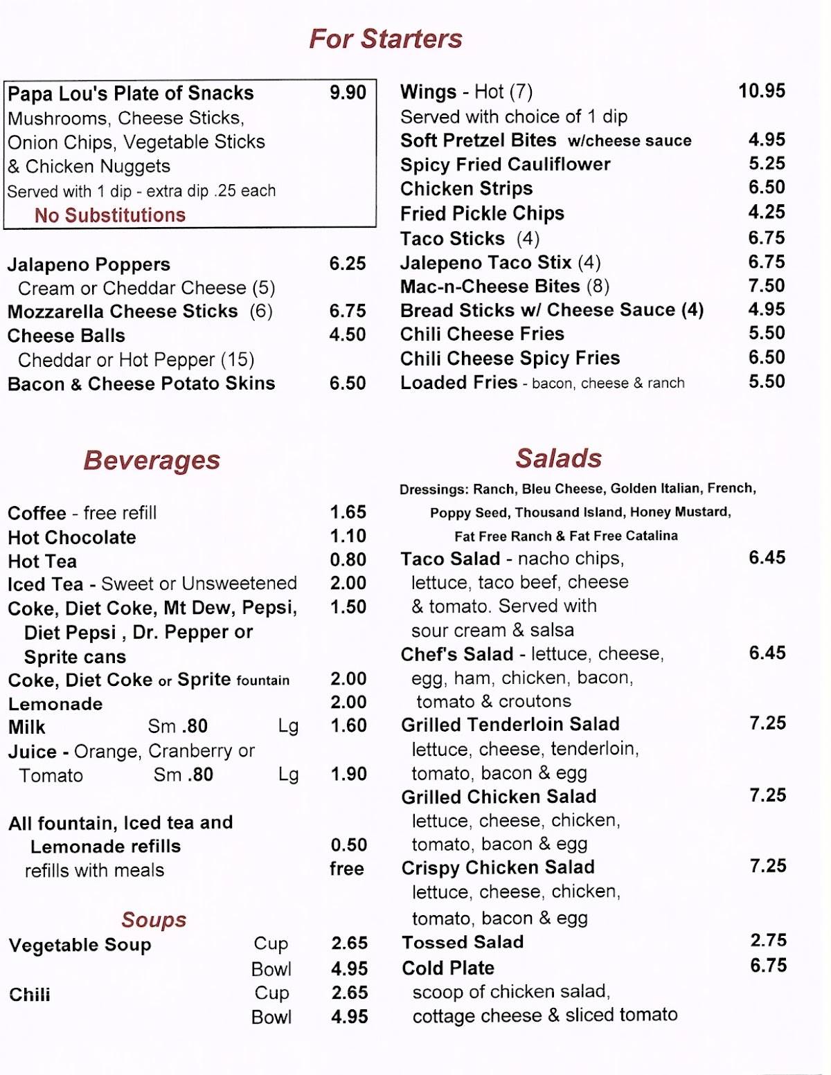 Menu at Red Dog Saloon pub & bar, Muncie